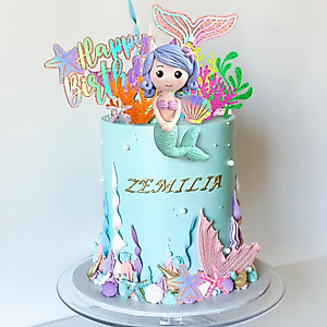 20 PCS Mermaid Cake Toppers with 3D Mermaid Seaweed Folding Fans Shell Starfish Cake Decoration for Kids Girls Birthday Party Baby Shower Supplies (STYLE1)