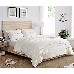 Sweet Jojo Designs Bohemian Boho Chic Ivory Macrame Tufted Tassel 3 pc. King Size Bed Bedding Set Duvet Comforter Cover Sham Solid Textured Minimalist Off White Cotton Fringe Farmhouse Neutral Rustic