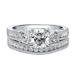 BERRICLE Sterling Silver 3-Stone Wedding Engagement Rings Cushion Cut Cubic Zirconia CZ Ring Set for Women, Rhodium Plated Size 7