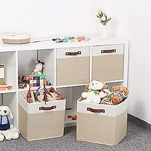 Temary Cube Storage Bins Storage Basket for Shelves Fabric Storage Cubes Closet Baskets for Cube Storage with Leather Handles, Cloth Bins for Home and Office (White & Khaki, 13x13x13 Inch)