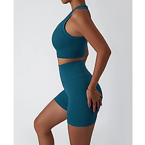 ABOCIW Women 2 Piece Seamless Gym Workout Sets Ribbed High Waist Biker Shorts with Racerback Sports Bra Yoga Crop Tank Top Yoga Exercise Outfit Teal Large