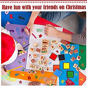 48 Pieces Christmas Stamps for Kids Wooden Rubber Stamps with Ink Pad Colored Pencil Ink Pad Colouring Pencil Art Supplies Set for DIY Party Favor Gift (Lovely Style)