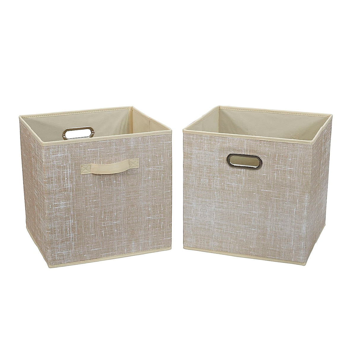 Household Essentials Fabric Storage Bins 2 Piece Set, Strong Poly-Woven Fabric, Sturdy Chipboard Sides, Grommet Front Handle, Stackable and Foldable, Classic Design, Tan Mix