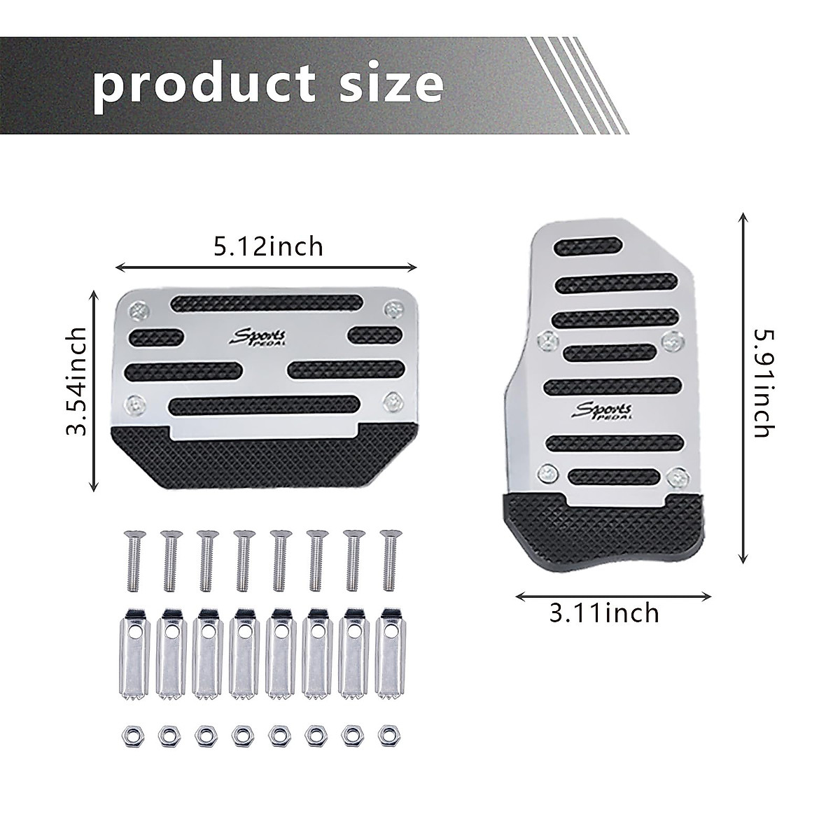 GKmow 2 PCS Car Accelerator Brake Pedal Kit, Non-Slip Wear-Resistant Metal Rubber Pedal, No Need Punch Sporty Style Pedal Replacement Parts, Uiversal for Most Automatic Car Accessories (Silver)