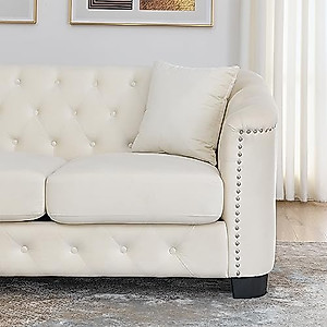 Goohome 77" Modern Chesterfield Sofa 3-Seater, Velvet Loveseat Sofá Couches for Living Room, Comforty Upholstered Tufted Backrests with Nailhead Arms and 2 Cushions, for Apartment Bedroom, C-Beige c