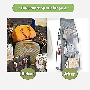 Double-Sided Six-Layer Hanging Storage Bag, High Capacity Transparent Collapsible 6 Pockets, Hanging Closet Storage Bag, Hanging Purse Handbag Organizer (Black)