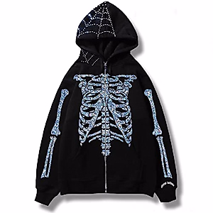 AQQYA Skeleton Zip Up Hooded Sweatshirt for Men Women, Y2K Diamond Glitter Grunge Punk Dark E-Girl Hoodie Silver Skull X-Large