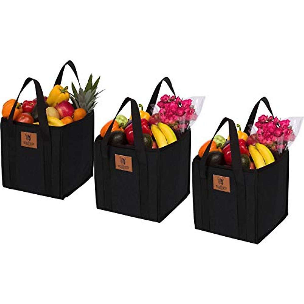Tuff Viking Large Reusable Grocery Shopping Bags, Long Handles, Durable, Collapsible and Insulated Cooler Bag (Black, Pack of 3 Totes)