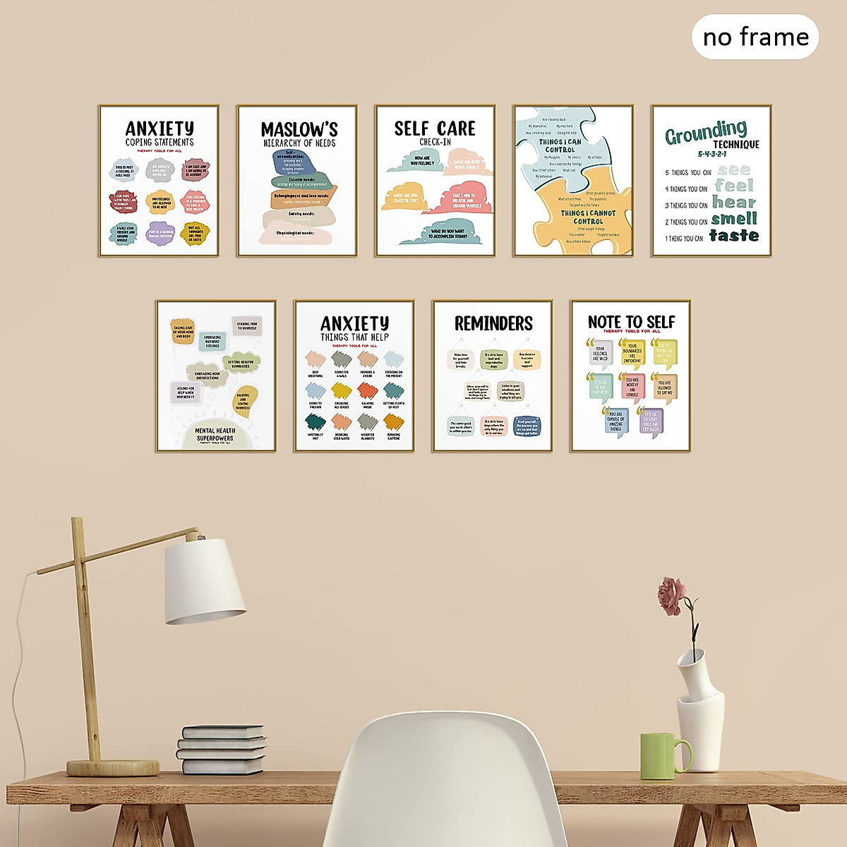 9 Pieces Mental Health Posters Anxiety Therapy Motivational Poster Psychologist Counselor Inspirational Posters Positive Quotes Wall Decor Classroom for Home Office, 8 x 10 Inch(Retro Style)
