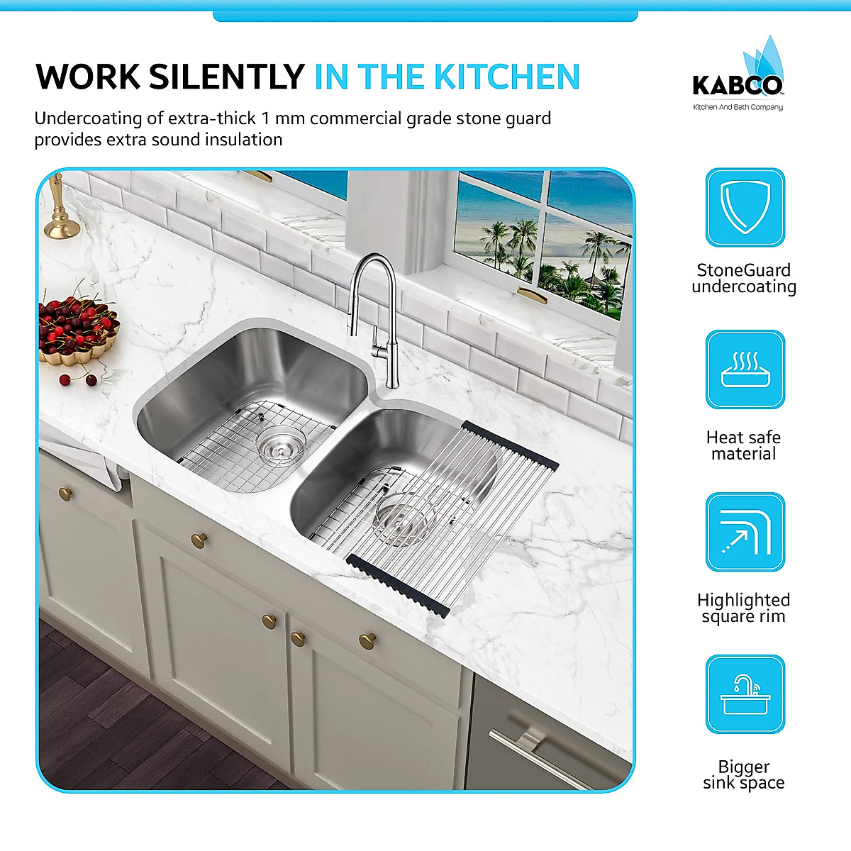 KABCO 32 Inch Big Double Unequal Bowl Stainless Steel Classic Kitchen Sink, Rust Resistant, Sound and Heat Proof 18 Gauge Undermount Sink with Sink Strainers, Sink Grids and rolling up grid