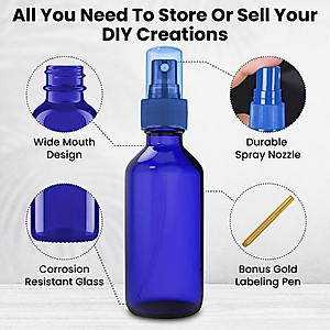 CULINAIRE 2oz Glass Spray Bottles for Essential Oils with Gold Pen Marker, Small Fine Mist Spray Bottle, Refillable, for Hair Spray, Essential Oils, Colognes, and Hand Sanitizers, Blue, Pack of 12