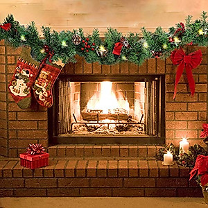 MorTime 9 FT LED Christmas Garland with Pinecones Red Berries Bows Christmas Balls Candies, Multi-Function Christmas Garland with 50 Warm White LED Lights, 180 Branch Tips