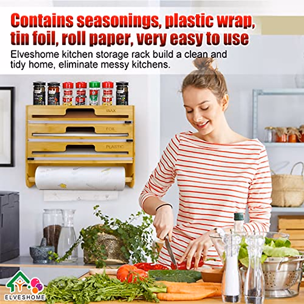 Foil and Plastic Wrap Organizer, Paper Towel Holder Wall Mount, 5 in 1 Plastic Wrap Food Dispenser with Cutter for 12" Wax Paper Parchment Roll Aluminum Foil Dispenser for Kitchen Organization Storage
