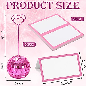 Whaline 60Pcs 2 Inch Disco Ball Table Number Holders Place Cards Set Pink Tented Cards Name Cards Stands with Heart Swirl Wire for Party Table Sign Display Supplies