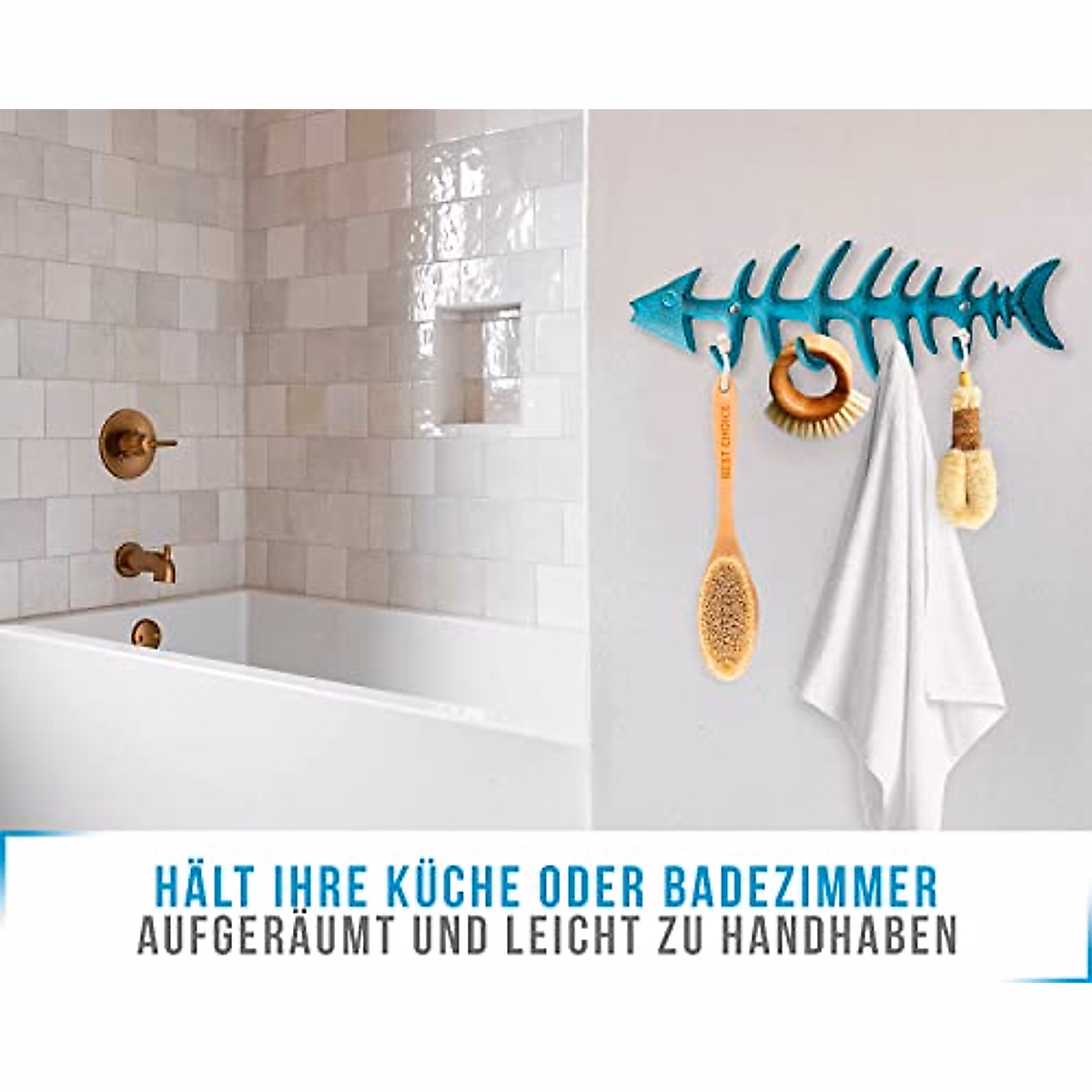 Comfify Decorative Fish Bones Wall Mounted Towel Rack Stylish Cast Iron Hanger w/ 4 “Fish” Hooks | Includes Screws and Anchors - Fish Bones Towel Hanger - Teal Blue