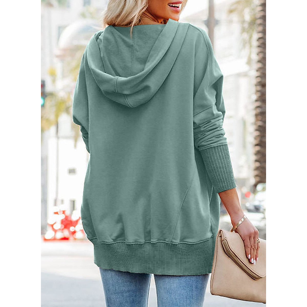 PRETTYGARDEN Loose Casual Button V Neck Hoodies for Women Long Sleeve Oversized Pullover Sweatshirt Hooded Tops Fall with Pockets (Bean Green,Large)
