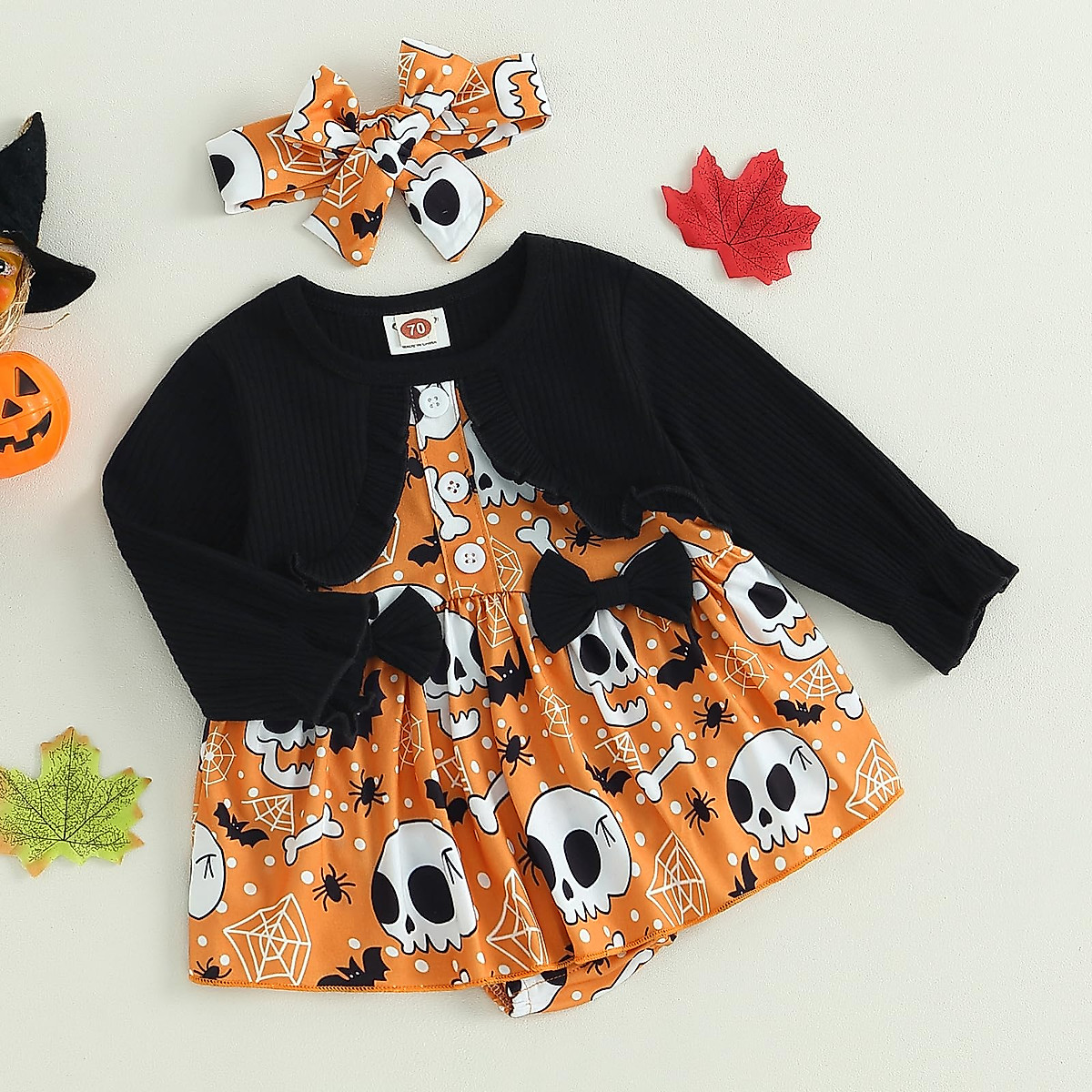 Faithtur Newborn Girl Clothes Cute Long Sleeve Patchwork Baby Girl Halloween Outfit Gothic Skull Romper Dress Baby Girl Gift (A-Black, 3-6 Months)