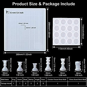 Endoto Chess Set with Checkers Board Silicone Resin Mold, 16 Pieces Full Size 3D Chess Crystal Epoxy Casting Molds for DIY Art Crafts Making, Family Party Board Games and Home Decoration