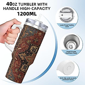 Xiexide 40oz Fits Cup Holder Sports Vintage Antique Oriental Turkish Antique Boho Bohemian Double Walled Vacuum Insulatedith Handle And Straw,Hot & Cold Drinks