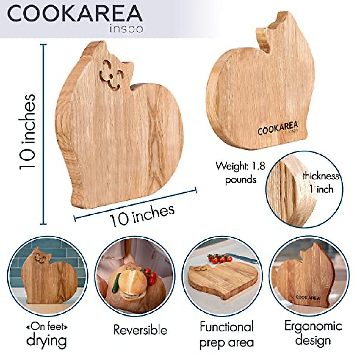 COOKAREA inspo, Heart Cat Premium Oak Cutting Board for Kitchen, Reversible, Serving board for Charcuterie, Vegetables and Meat, 10" x 10" x 1" (Oak, Natural)