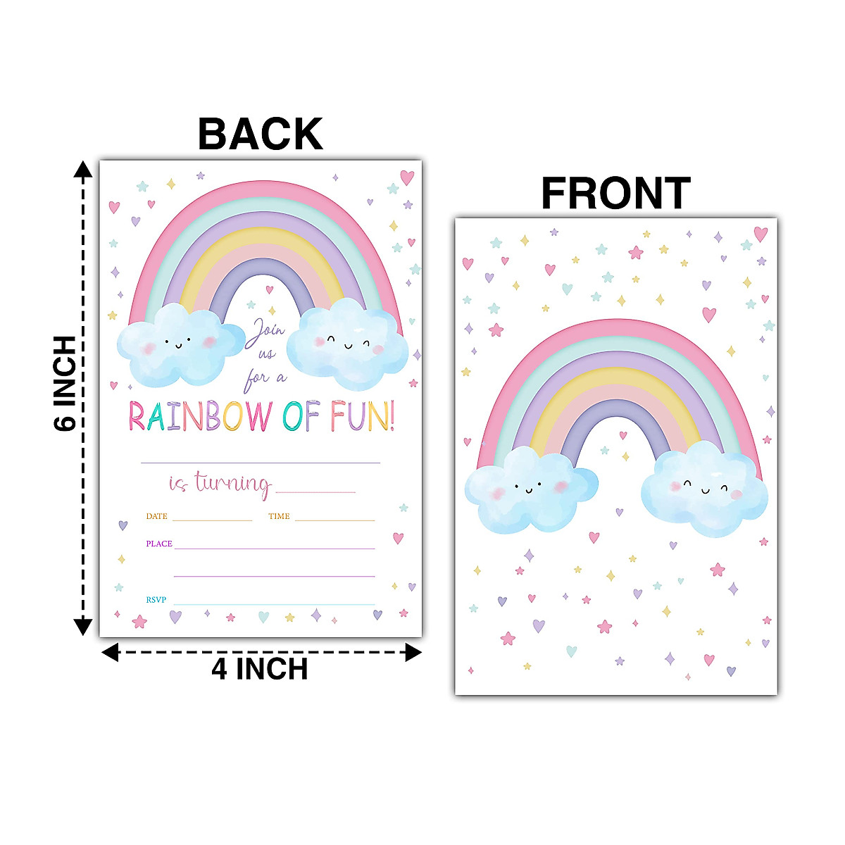 Buildinest Rainbow Birthday Party Invitations with Envelopes (20-Pack), 4"x6" Rainbow Cloud Heart Birthday Invitation Cards, Rainbow of Fun Party Invites-B31