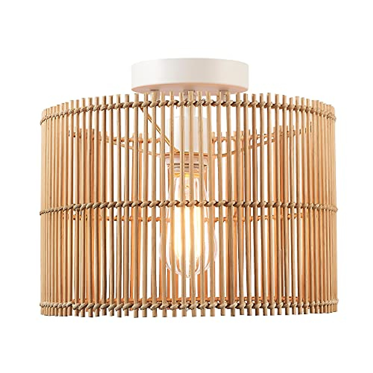 Globe Electric 65901 1-Light Flush Mount Ceiling Light, Matte White, Natural Bamboo Shade, Bulb Not Included