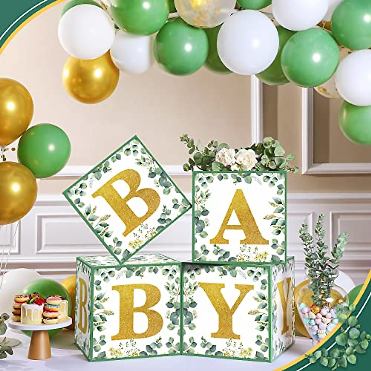 4 Pieces Sage Green Baby Boxes Decoration Baby Shower Backdrop Blocks Gender Reveal Photo Props Greenery Eucalyptus Leaves Gold White Baby Shower Favors Decorations Baby Boxes with Letters for Decor