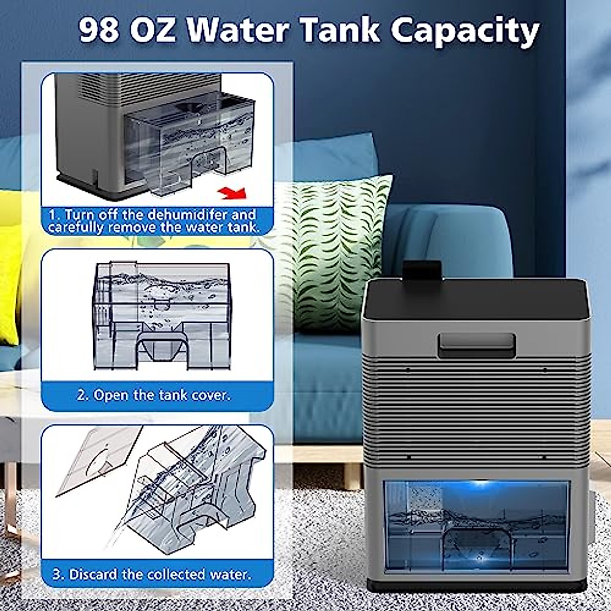 NineSky Dehumidifier for Home, 98 OZ Water Tank, (800 sq.ft) Dehumidifiers for Bathroom, Bedroom with Auto Shut Off, 5 Colors LED Light(H2 Gray)