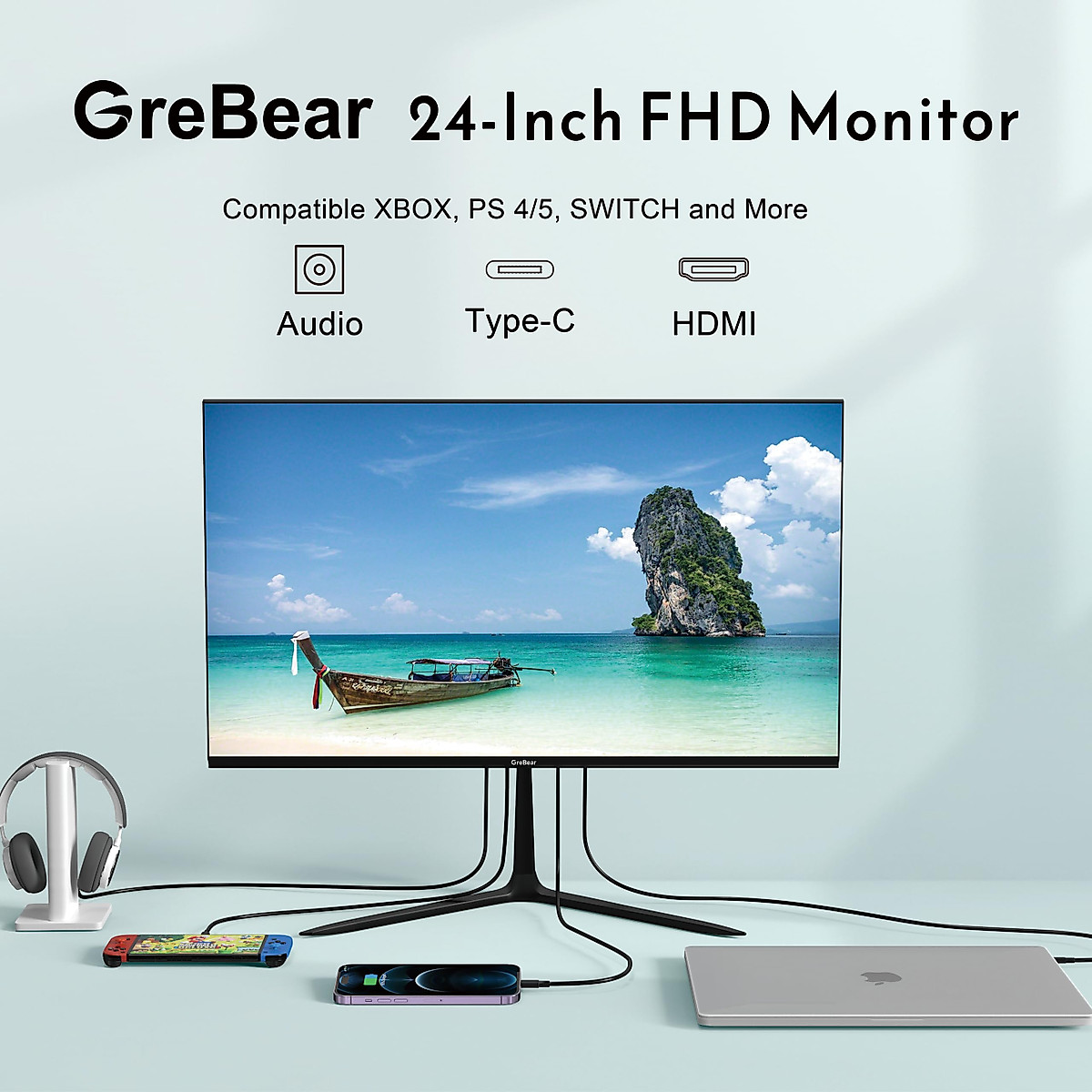 GreBear 24 Inch Computer Monitor, FHD 1080p PC Monitor 75hz Built in Speakers, 99% sRGB Low Blue Light Anti-Glare VA Screen Desktop Display w/HDMI/USB Type-C/Freesync Tilt Adjustable 75 x 75 mm VESA