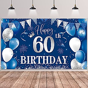 60th Birthday Banner Backdrop,BTZO Happy 60th Birthday Decorations,Blue Silver Fabric Photo Backdrop Background for Men and Women 60th Birthday Party,70.8 x 43.3Inch