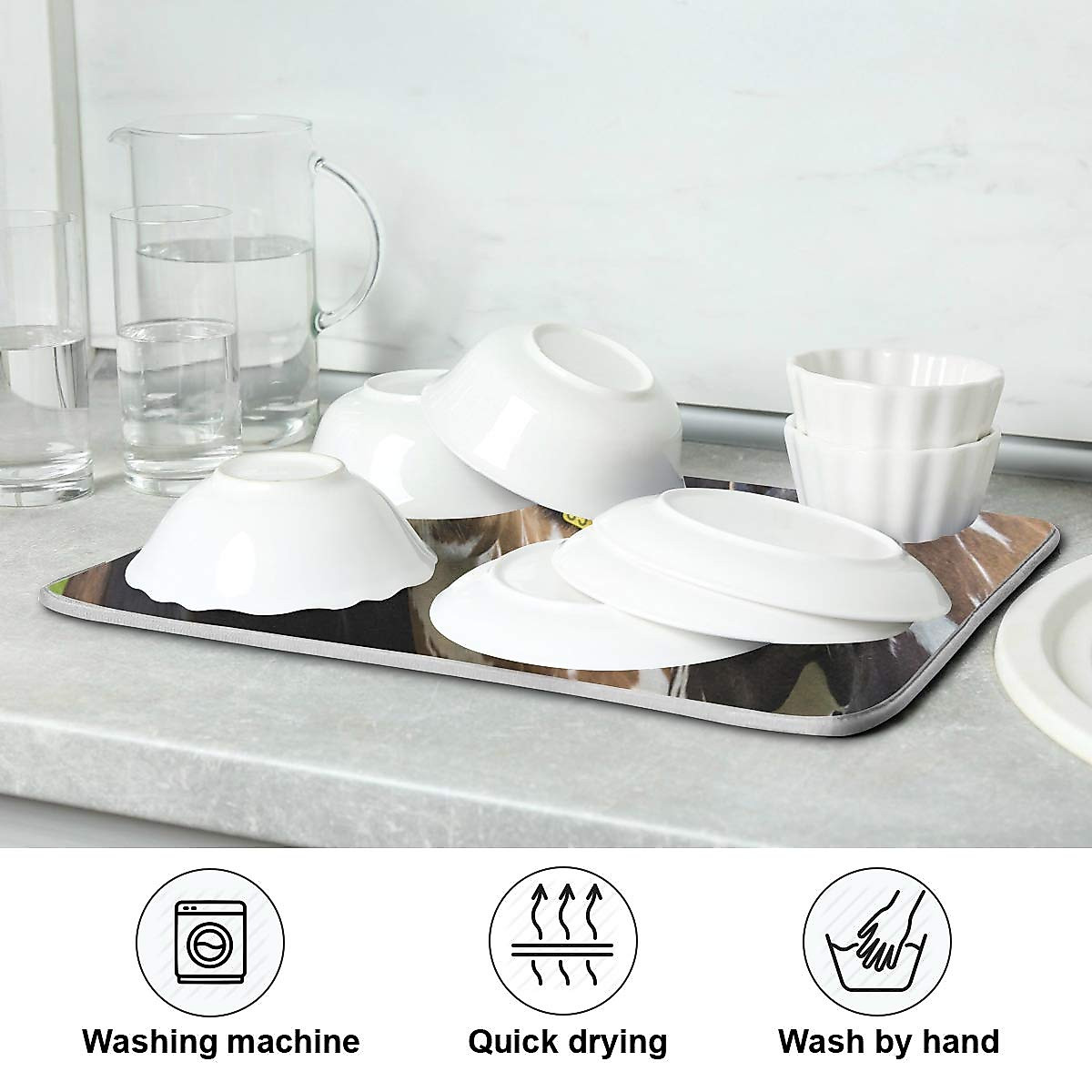 Kitchen Dish Drying Mat Farm Animal Cow Cattle Absorbent Washable Dish Drying Pad Drainer Rack Mat Heat Resistant Counter Protector for Glass Plate Cup Pan 18x24in