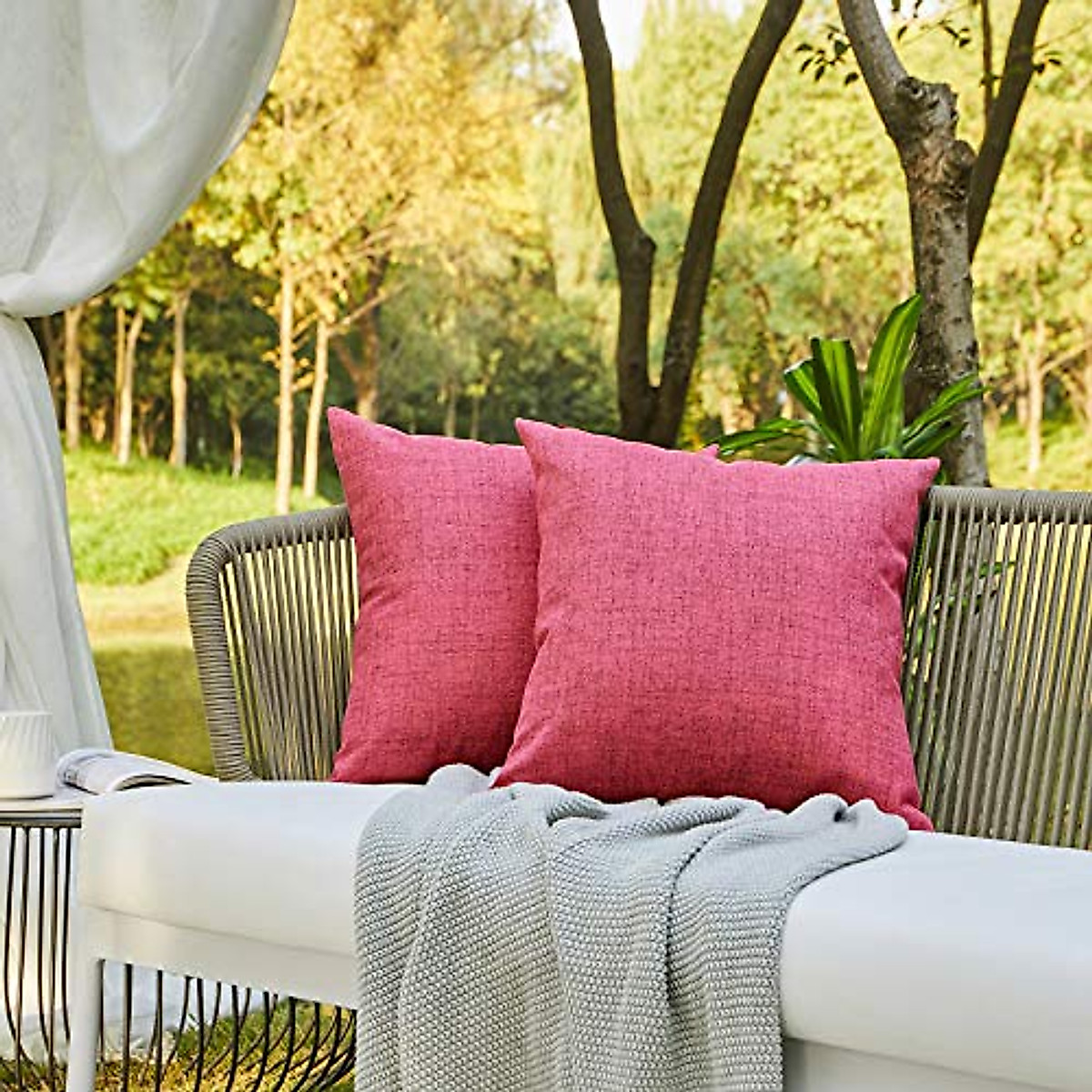 WAYIMPRESS Outdoor Pillow Covers for Patio Furniture Waterproof Pillow Covers Square Garden Cushion Farmhouse Linen Throw Pillow Covers Shell for Patio Tent Couch (18×18 Inch, Rose Red)