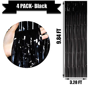 HalloweenDecorate 4 Pack Black Foil Fringe Curtain Backdrop, 3.28Ftx9.84Ft Metallic Tinsel Foil Fringe Streamers Curtains for Party, Photo Booth Props, Birthday, 2022 Graduation Decoration Supplies