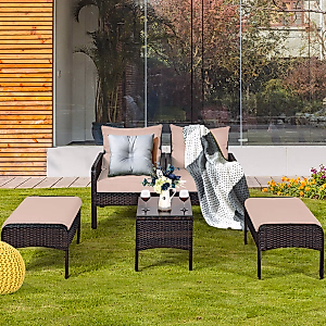 Tangkula Wicker Furniture Set 5 Pieces PE Wicker Rattan Outdoor All Weather Cushioned Sofas and Ottoman Set Lawn Pool Balcony Conversation Set Chat Set