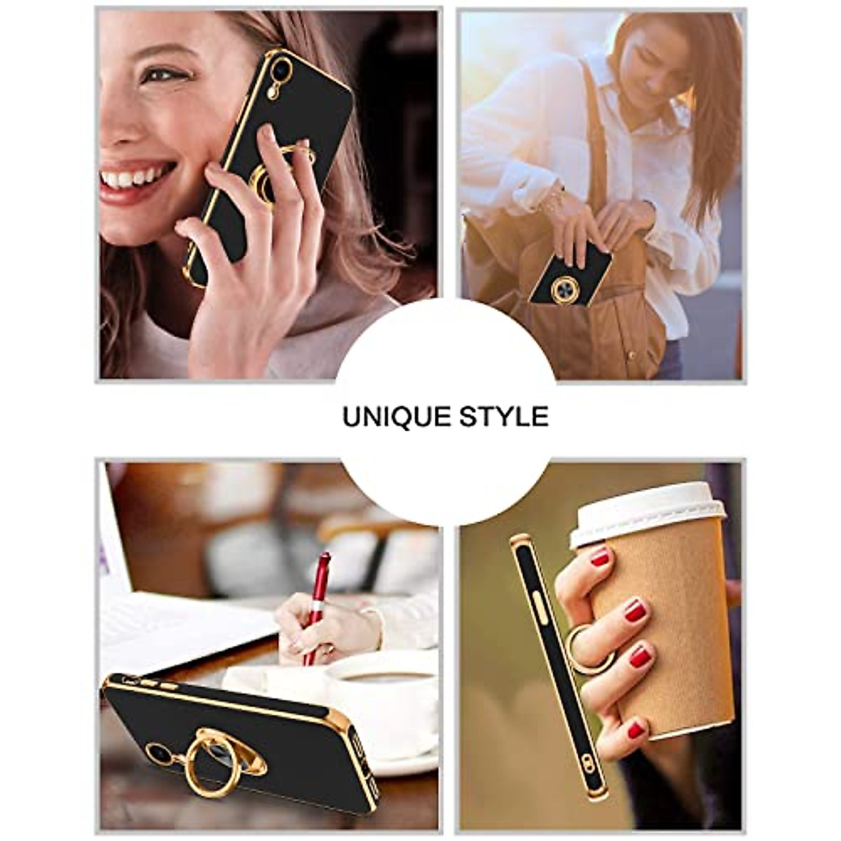 BENTOBEN iPhone XR Case, Phone Case iPhone XR, Slim Fit Sparkly Kickstand Ring Holder Design Shockproof Protection Soft TPU Bumper Drop Protective Girls Women Boys iPhone XR 6.1" Cover, Black/Golden