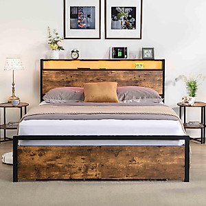 Mdhitsox Queen Bed Frame with 2 Drawers and Charging Station, Industrial Platform Bed with LED Lights, Metal Slats Support, Mattress Foundation, No Noise, No Box Spring Needed, Easy Assembly, Brown