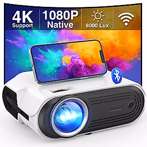 Native 1080P WiFi Bluetooth Projector with 200'' Display, 8000Lux Full HD 4K Support Movie Video Projector Compatible w/ iOS Android Smartphone Tablet, HDMI/VGA/USB/TV Stick, Auto Sleep Timer