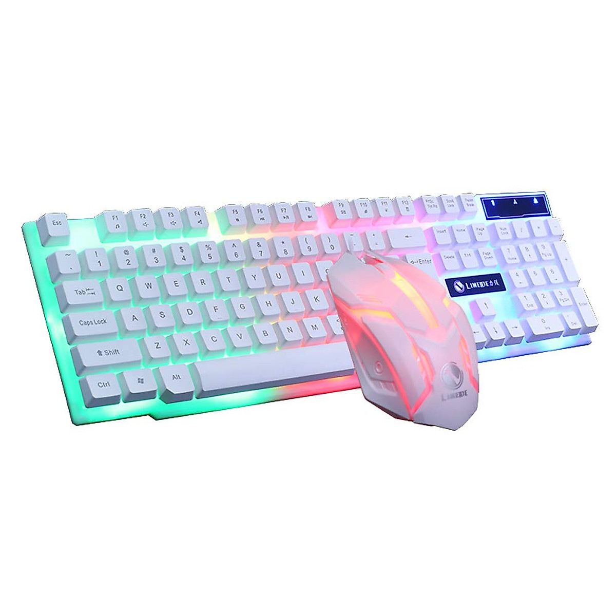 Baishitop GT300 Colorful LED Illuminated Backlit USB Wired PC Rainbow Gaming Keyboard Mouse Set White (H)
