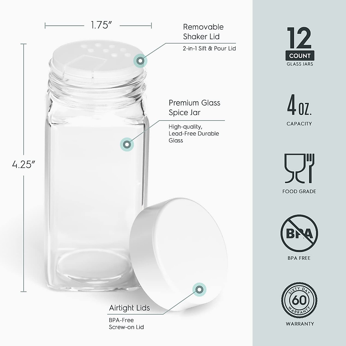 Tafts SQUARE Glass Spice Jars & Bottles l 33% Thicker - 12 Pcs Glass Spice - 3 oz or 4oz Empty Glass Spice Seasoning Containers l Shaker Lids and Airtight Caps l Aluminum Finish (Square, White)