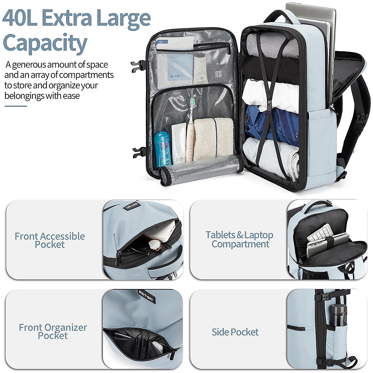 RDTGO Carry on Backpack, 40L Flight Approved Travel Backpack for Men & Women, Expandable luggage Backpack with 4 Packing Cubes, 17 inch Laptop Backpack,Water-Resistant Business Daypack Weekender Bag