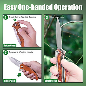 osaiv Pocket Folding Wood Knife Set, Speed Safe Opening EDC Tactical Foldable Knives with Lock, Small Sharp Camping Survival Hiking Knife, Ideal Gift for Men Women-Wood Color Handle