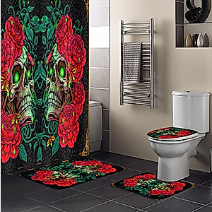 SDDSER Skull Shower Curtain Set, 4PCS Red Rose Skeleton Bathroom Sets with 72"" Polyester Shower Curtain and Bath Mat, Toilet Lid Cover and U Shaped Rug, 12 Hooks, SETMLSD60