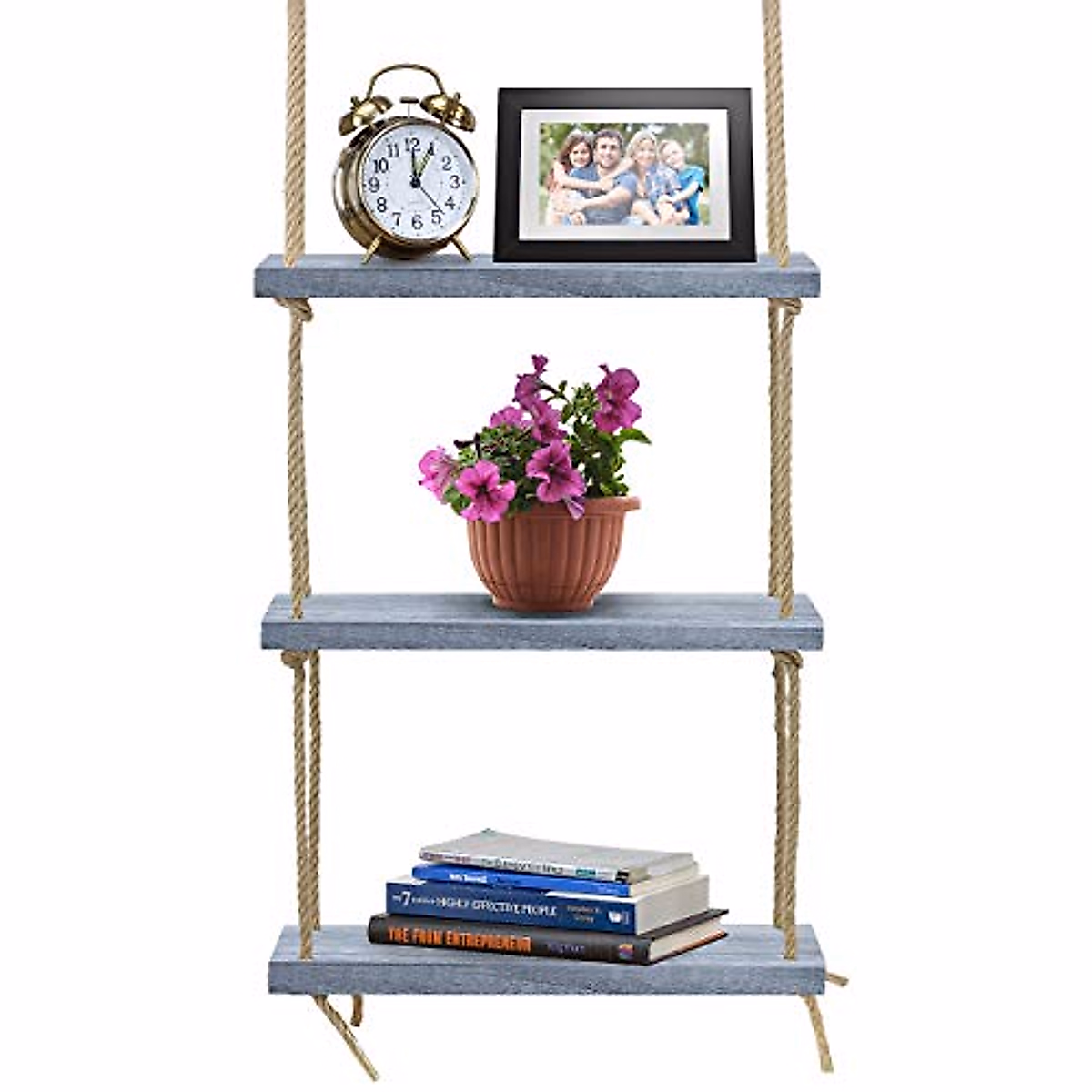 Sorbus Wood Hanging Shelf 3-Tier Rustic Wood Swing Storage Shelves Rope Organizer Rack, Floating Display Shelves (Grey)