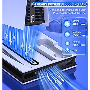 PS5 Stand with 3 Level Cooling Fan, Dual Fast PS5 Controller Charging Station Incl. 4 USB C Dongles, 3 USB Hubs, Headset Holder, Media Slot,PS5 Accessories PS5 Cooling Station for Sony P5 Digital/Disc
