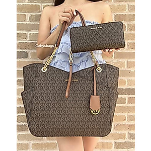 Michael Kors Jet Set Travel Large Chain Shoulder Tote Brown MK Signature Bundled with Michael Kors Jet Set Travel Continental Long Wallet Wristlet Brown