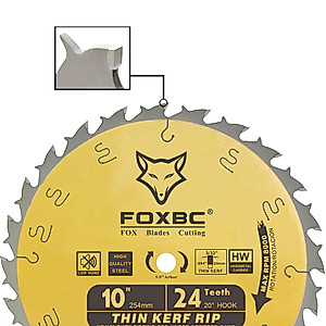 FOXBC 10-Inch Thin Kerf Ripping Table Saw Blade for Wood Cutting, 24-Tooth ATB, 5/8-Inch Arbor