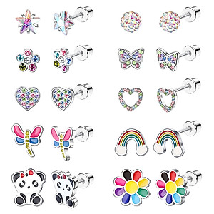 Finrezio 10 Pairs Hypoallergenic Screw Back Earrings for Women Girls Stainless Steel Colorful Heart Flower Butterfly Rainbow Stud Earrings Shiny CZ Screwback Stud Earring Set Age:over 3 years old