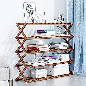 QUMENEY Foldable Bamboo Shoe Rack, 5 Tier Portable Folding Shoes Storage Organizer, No Assembly Free Standing Boots Shelf Suitable for Entryway, 27.5 x 9.8 x 30in (Dark)