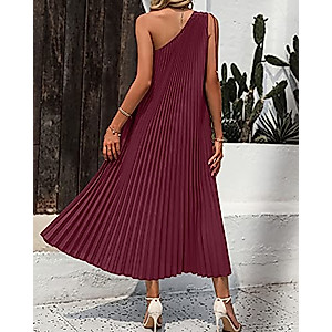 BTFBM Women's Drawstring One Shoulder Maxi Dresses Summer Sleeveless Tie Waist Pleated Long Flowy Party Cocktail Dress(Solid Wine Red, Medium)