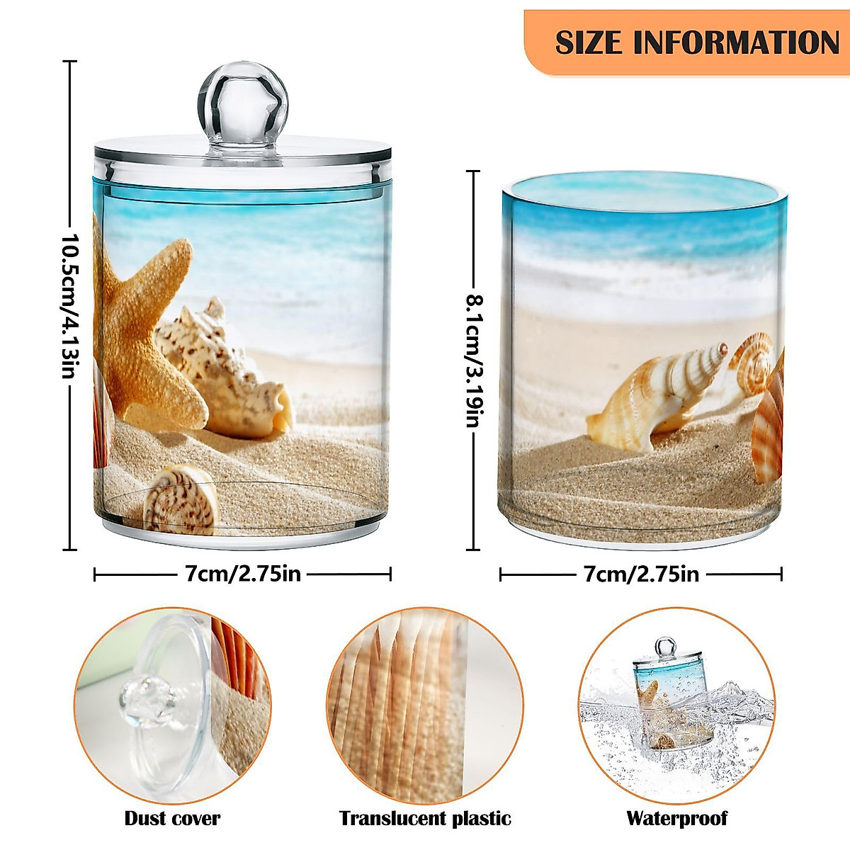 ALAZA 2 Pack Qtip Holder Dispenser for Cotton Ball Shell Beach Starfish Ocean 2 Cotton Swab Cotton Round Pads Clear Plastic Acrylic Jar Set Bathroom Canister